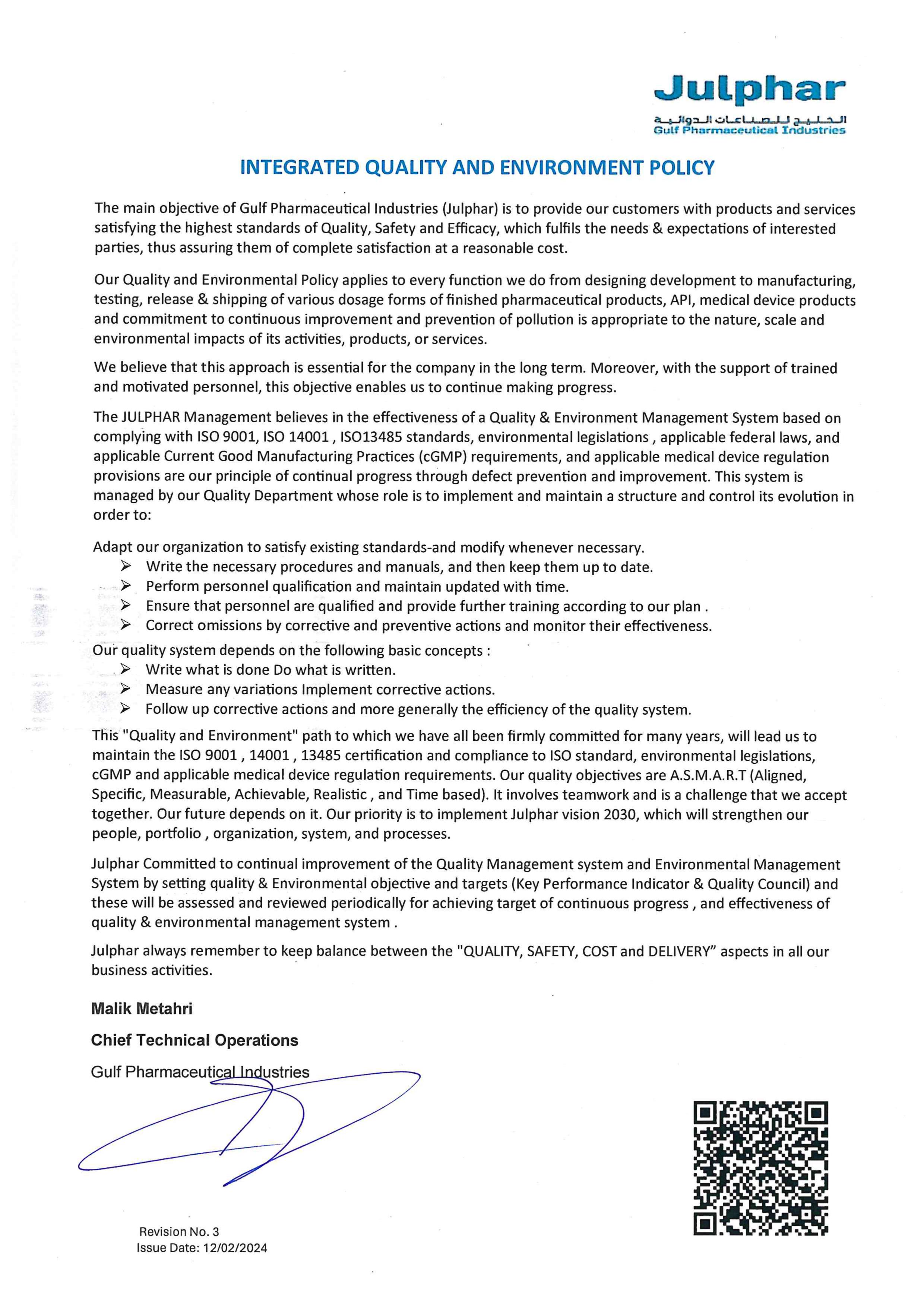 Integrated Quality and Environment Policy